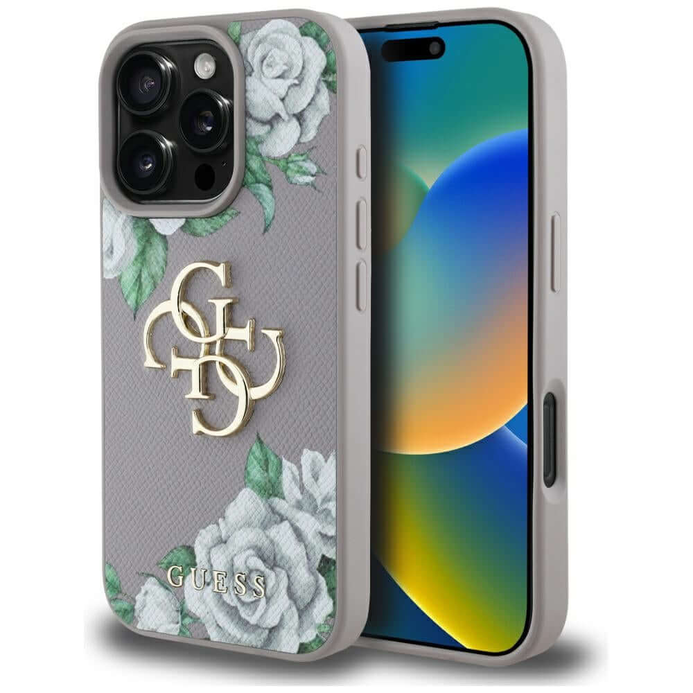 Handyhülle für iPhone 16 Pro Max, Guess Grained Roses Big 4G, Lila mit