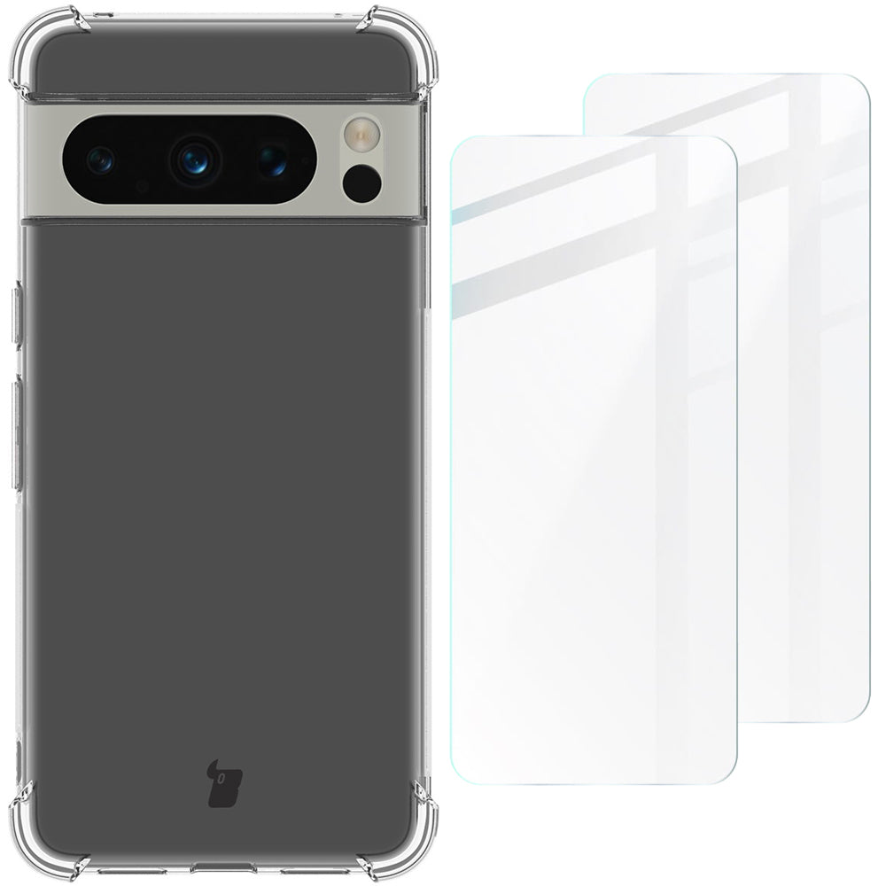 Schutzhülle + 2x Glas Bizon Case Clear Pack für Google Pixel 8 Pro, Tr